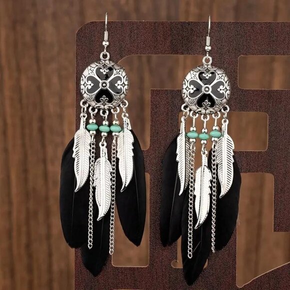 Jewelry | Feather Dangles In Black | Poshmark